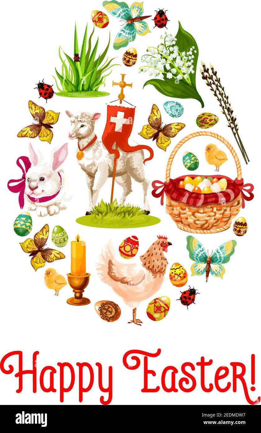 Easter egg poster with holiday symbols. Patterned Easter eggs, rabbit ...