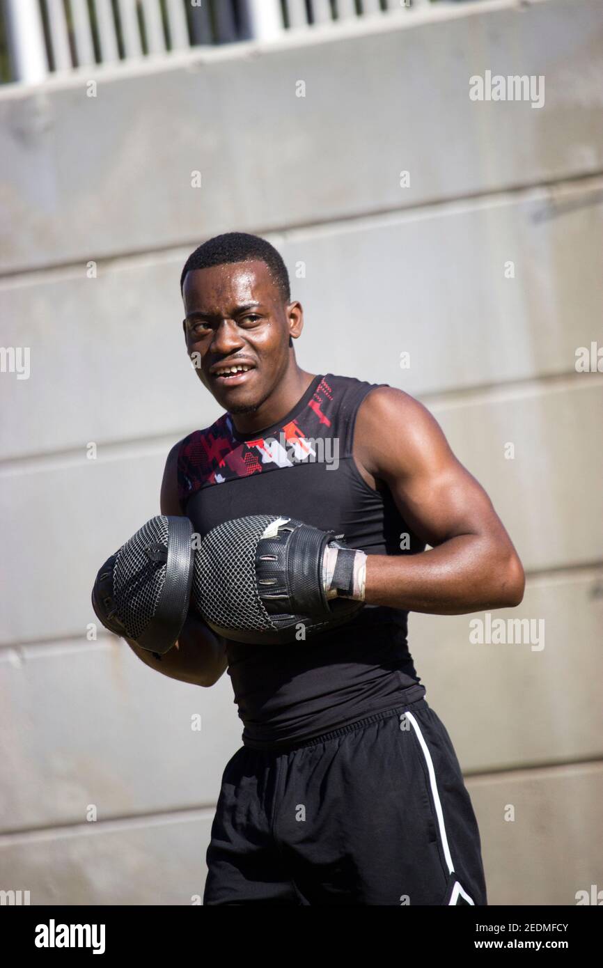 A professional black muscular boxer sweating is putting on his mittens ...