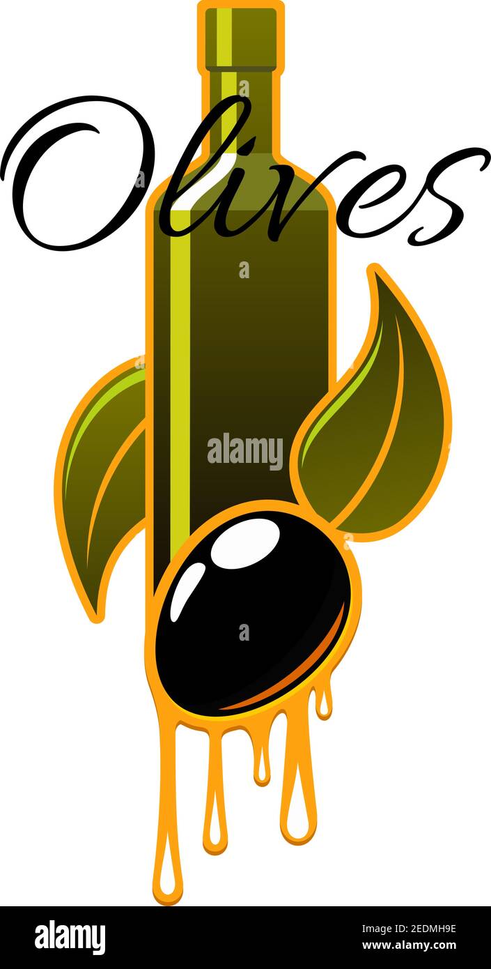 Olive oil of fresh black olives vector icon of bottle and dripping ...