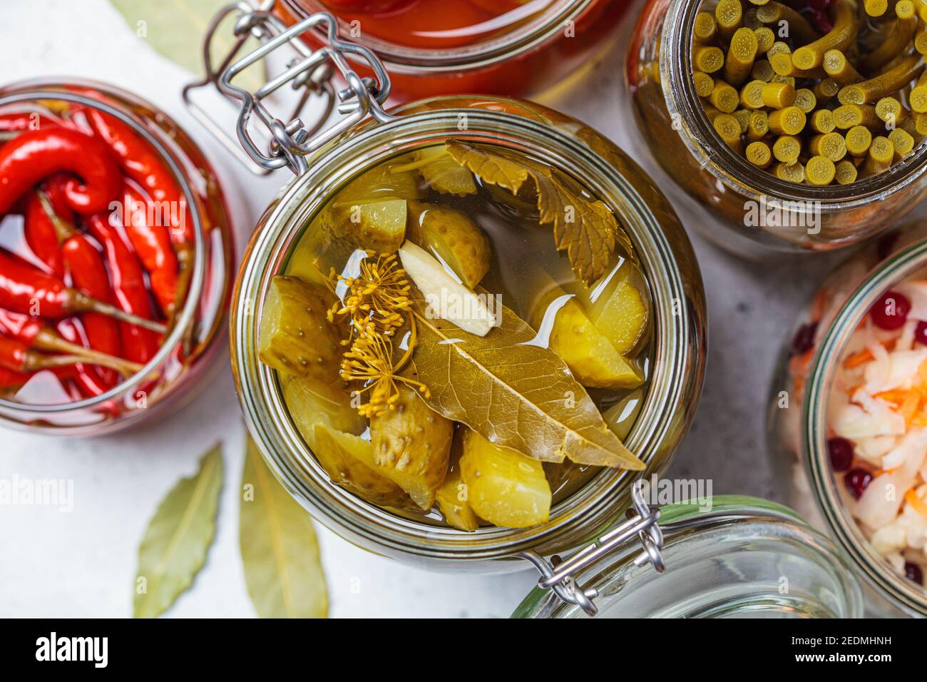 Homemade pickled or fermented vegetables - sauerkraut, wild garlic ...