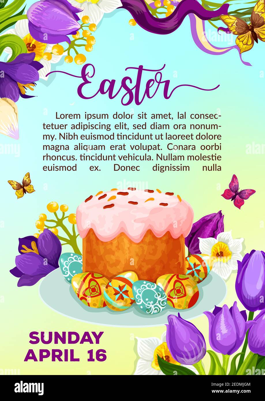Easter poster of paschal cake or kulich paska and eggs. Vector ...