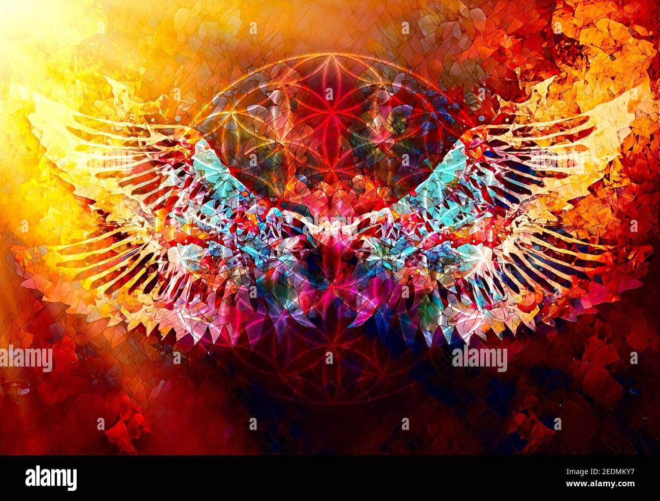Merkaba and wing on abstract color background. Sacred geometry Stock ...
