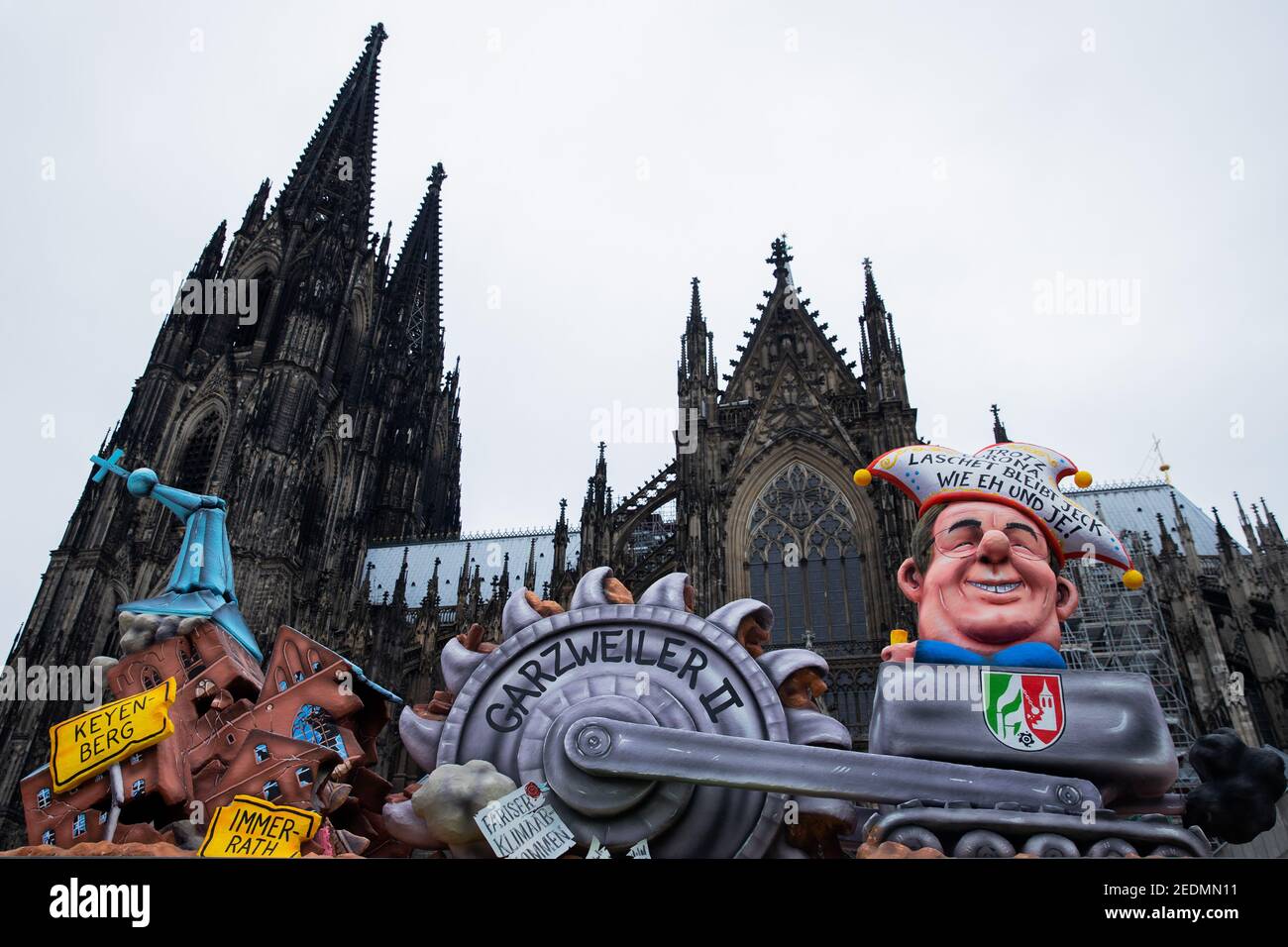 Cologne, Germany. 15th Feb, 2021. A carnival float showing the church ...