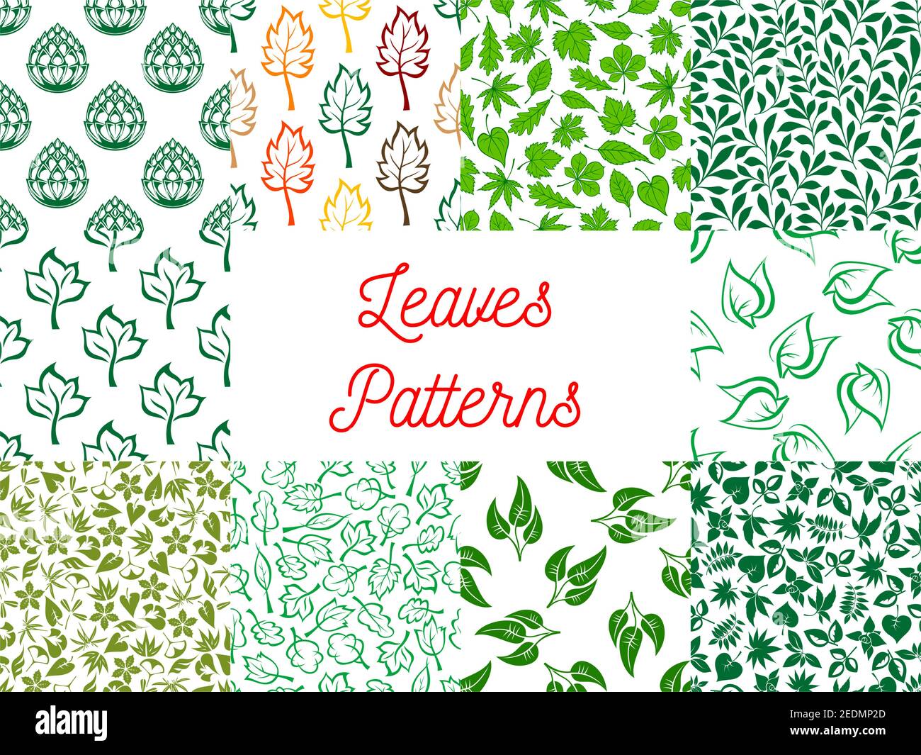 Leaves seamless pattern set with green foliage and stems of plants and ...