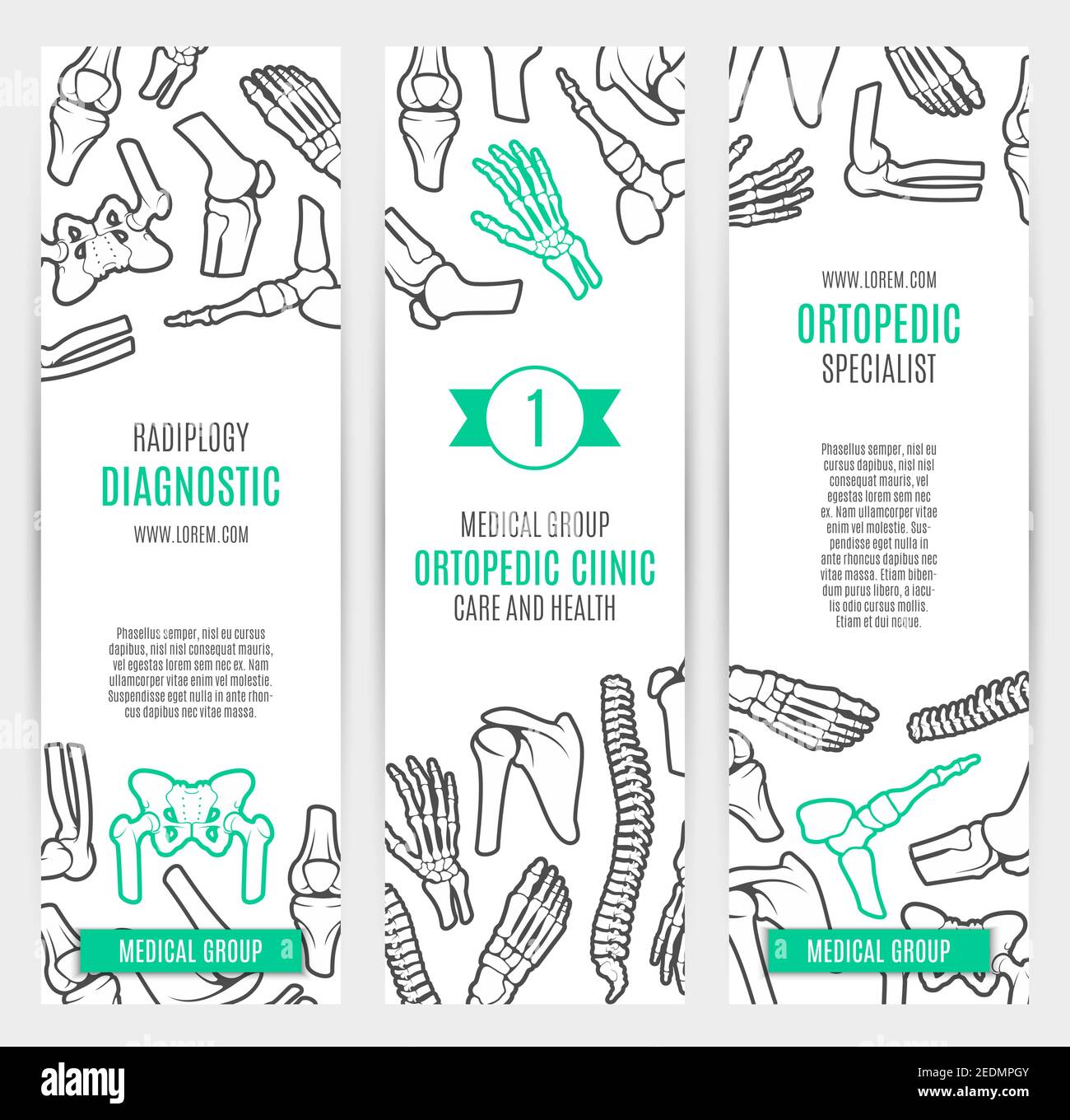 Medical and healthcare banner template set. Human skeleton bones and ...