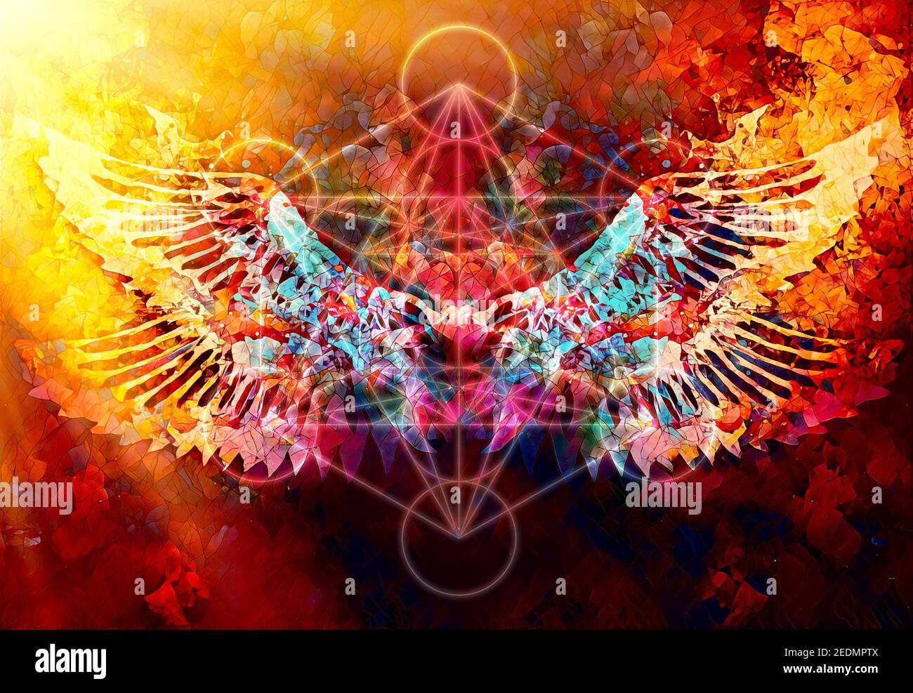 Merkaba and wing on abstract color background. Sacred geometry Stock ...