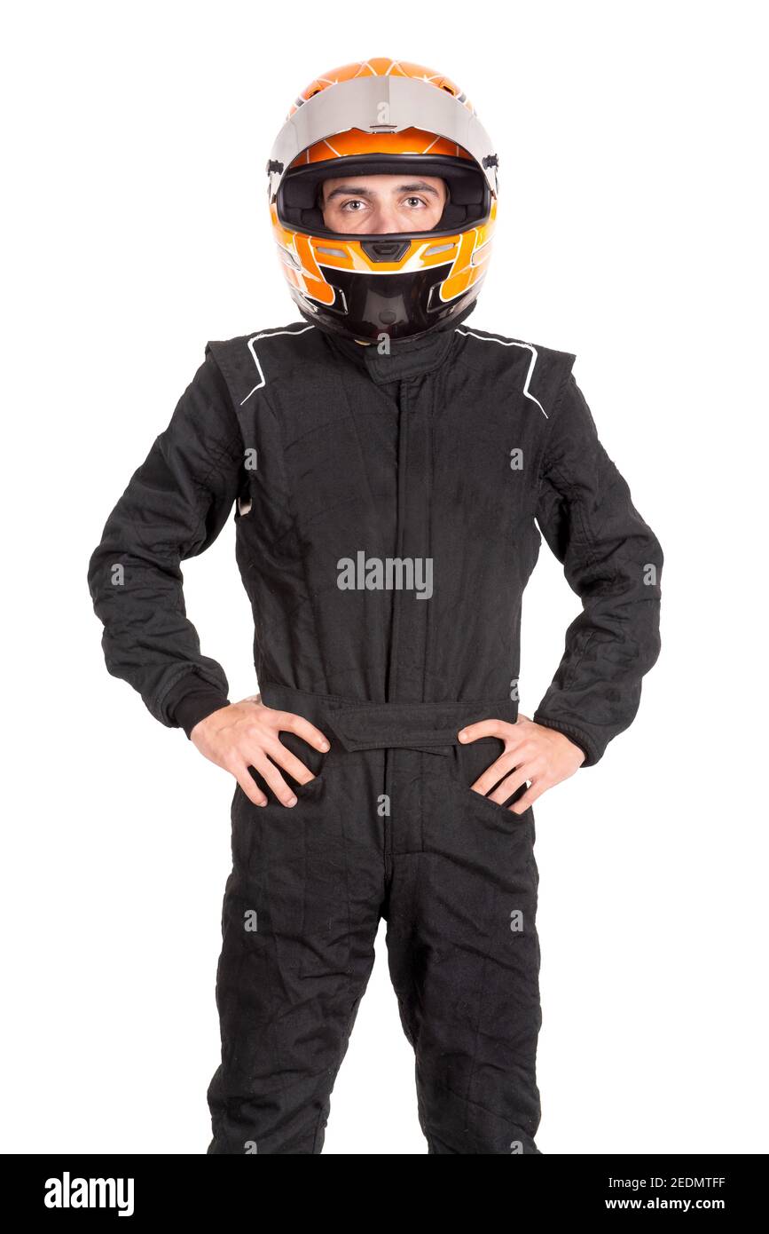 Racing driver in full gear posing isolated in a white background Stock ...