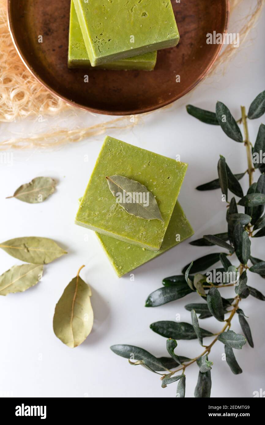 Organic natural handmade bay laurel soap with olive oil and leaves on ...
