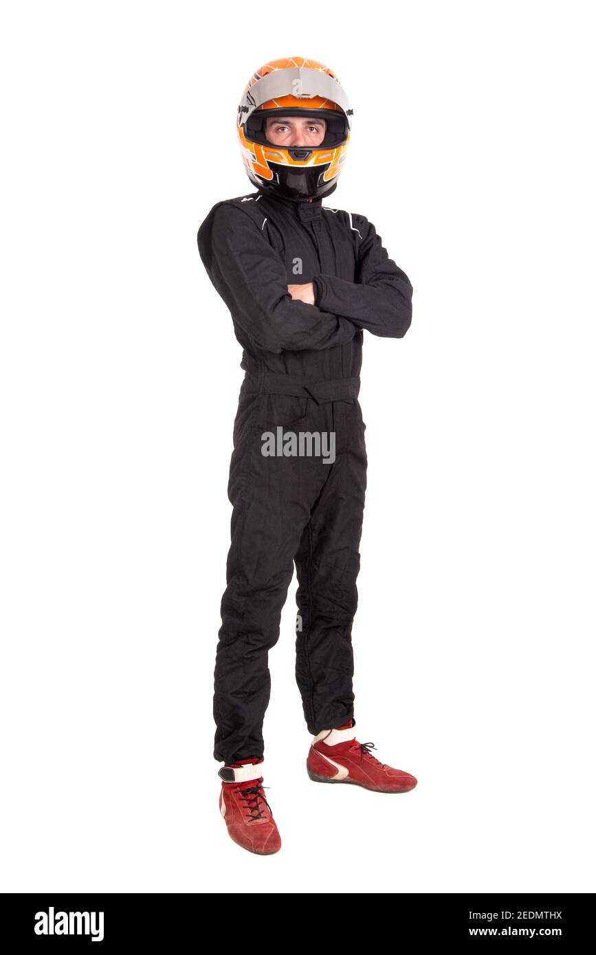 Racing driver posing with helmet isolated in white Stock Photo - Alamy