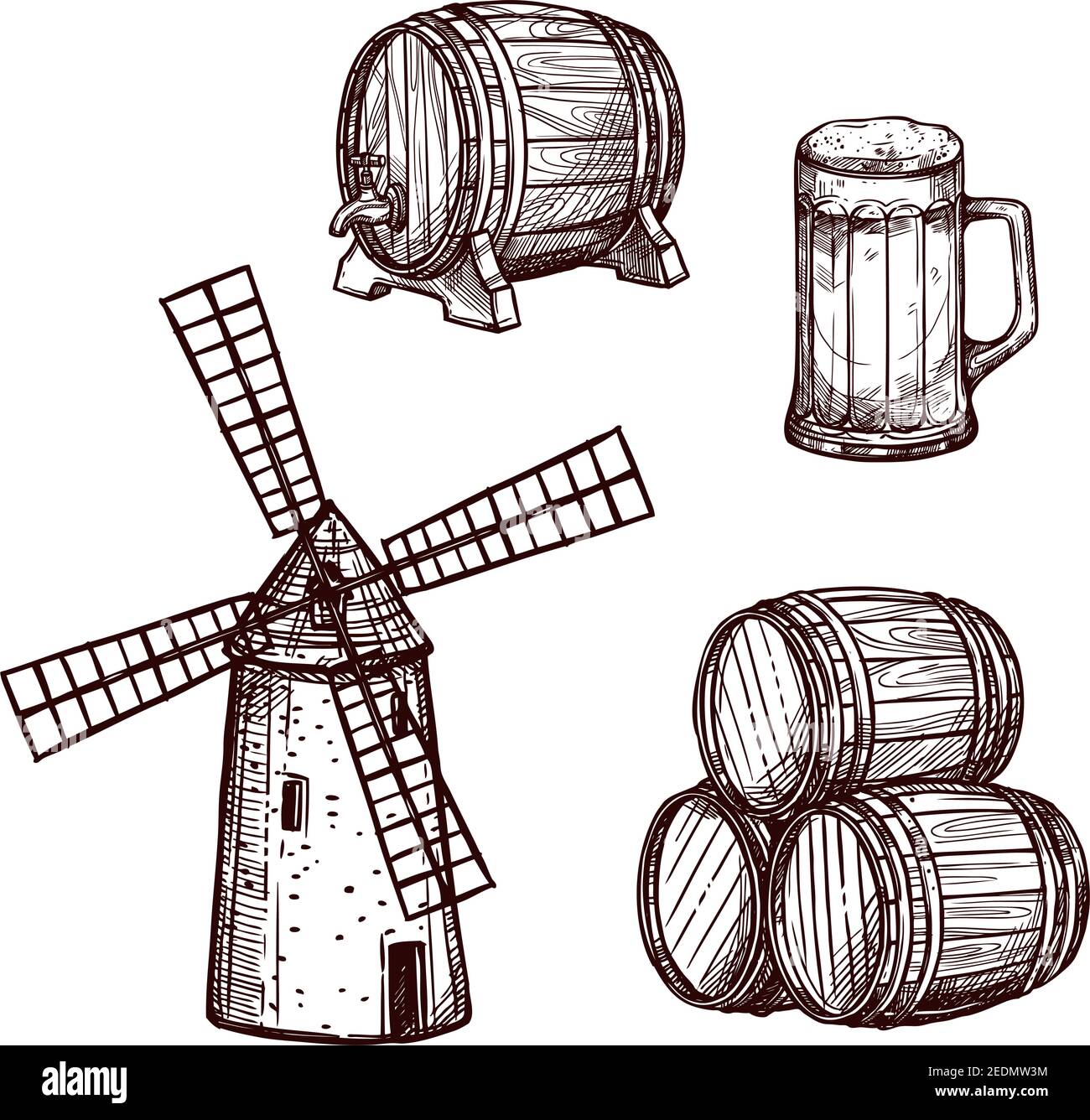 Beer barrel with glass sketch set. Beer mug, stack of wooden kegs and ...