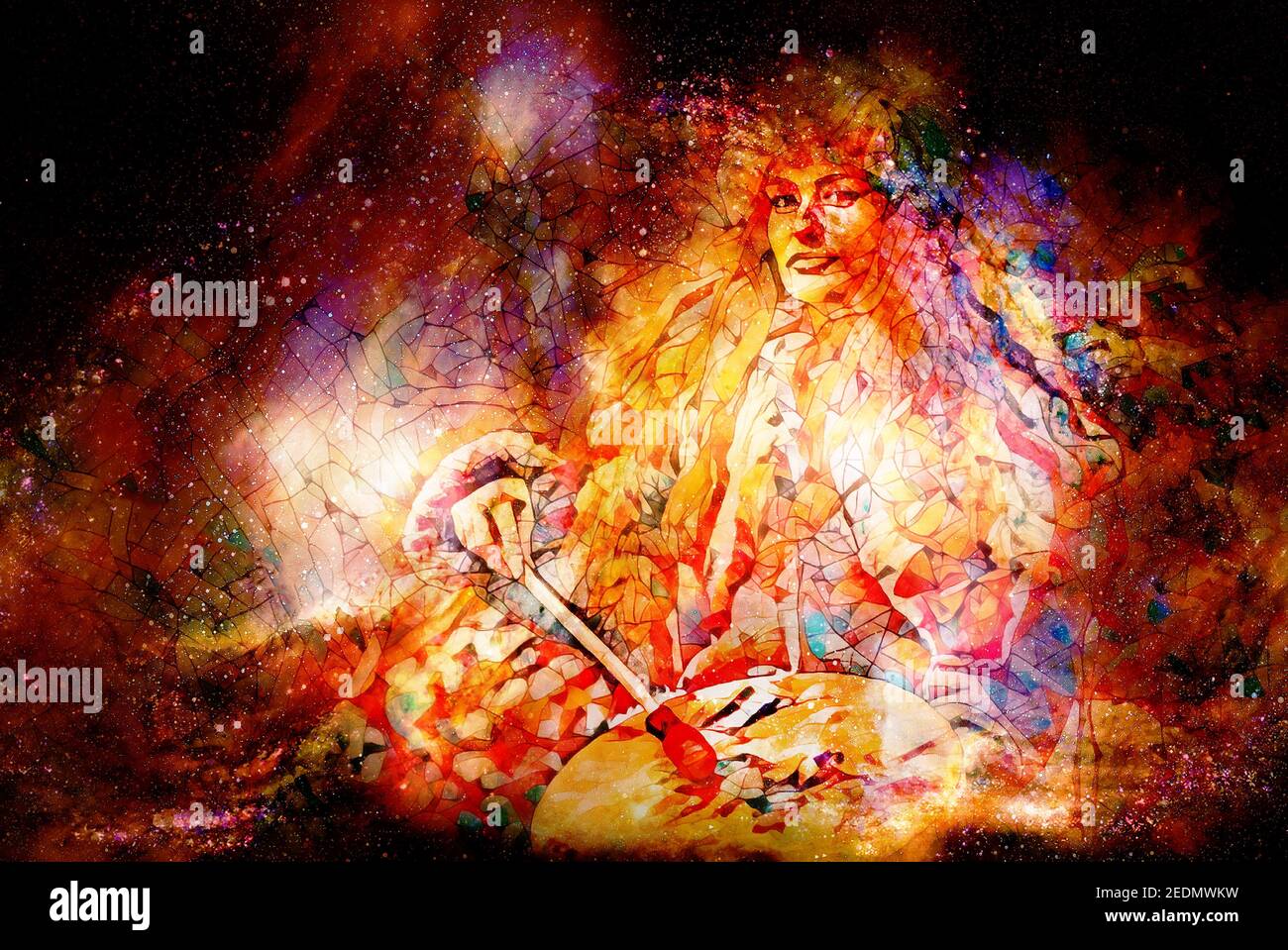 shamanic girl with frame drum on abstract structured space background ...