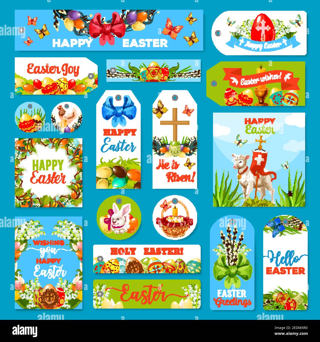Easter tag set. Spring holiday labels with Easter eggs, rabbit bunny ...