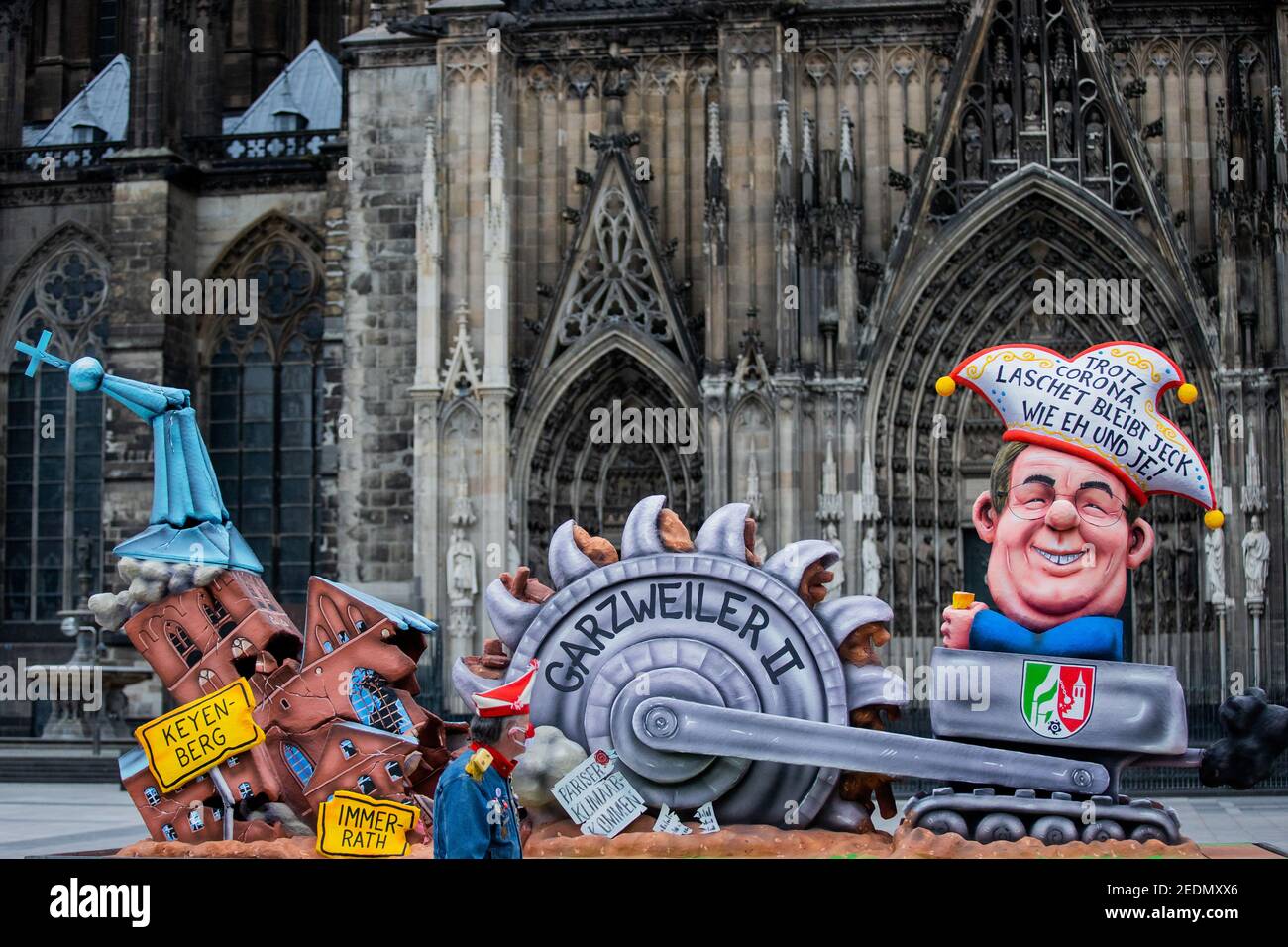 Cologne, Germany. 15th Feb, 2021. A carnival float showing the church ...