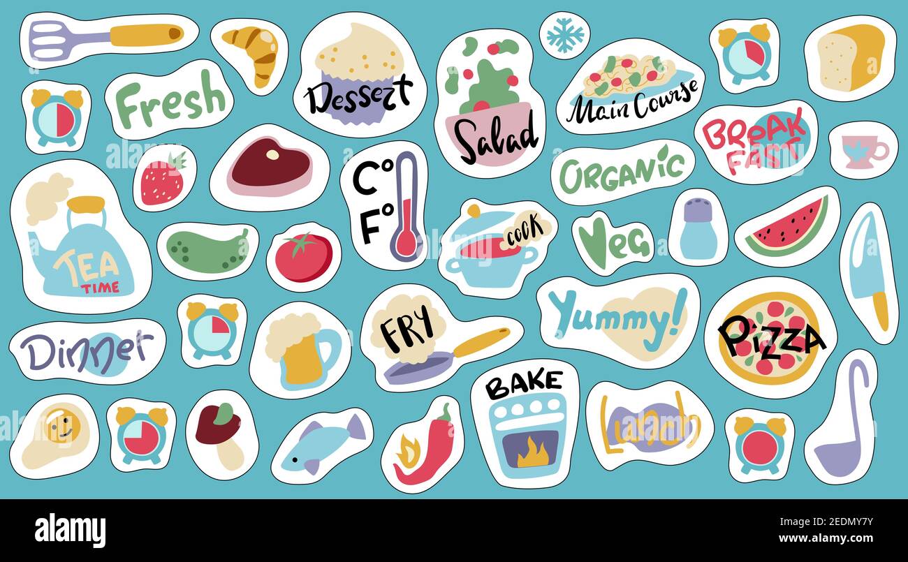 Food cooking stickers, vector illustration with white outline. Doodle ...