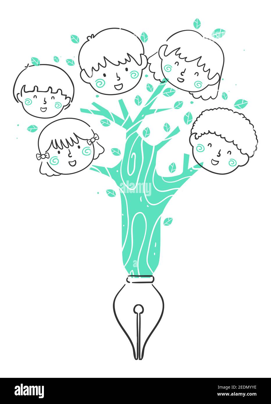 Illustration of Doodle Kids Heads on Tree Branches with Fountain Pen ...