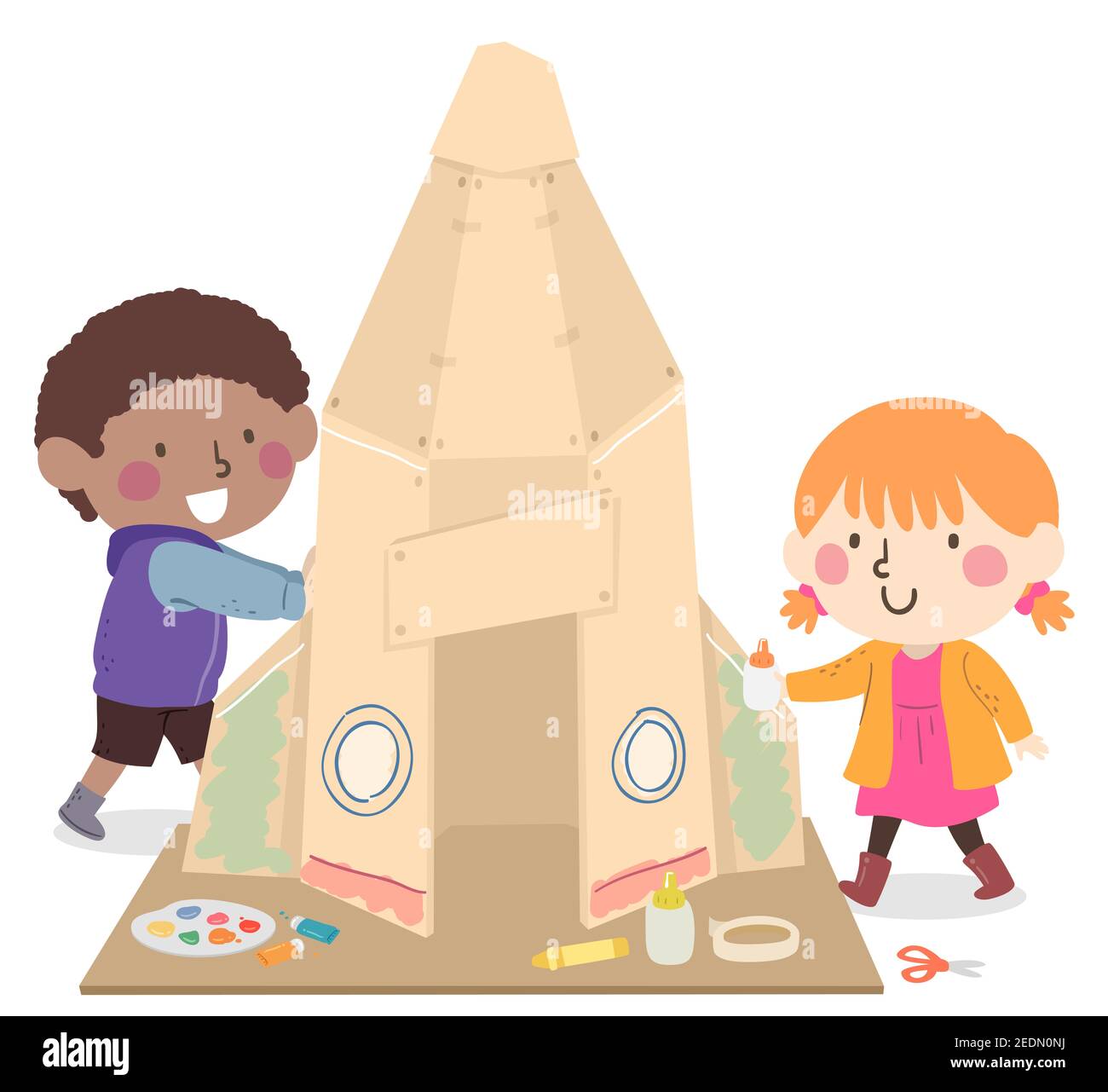 Illustration of Kids Making Rocket Ship from Cardboard with Glue, Tape ...
