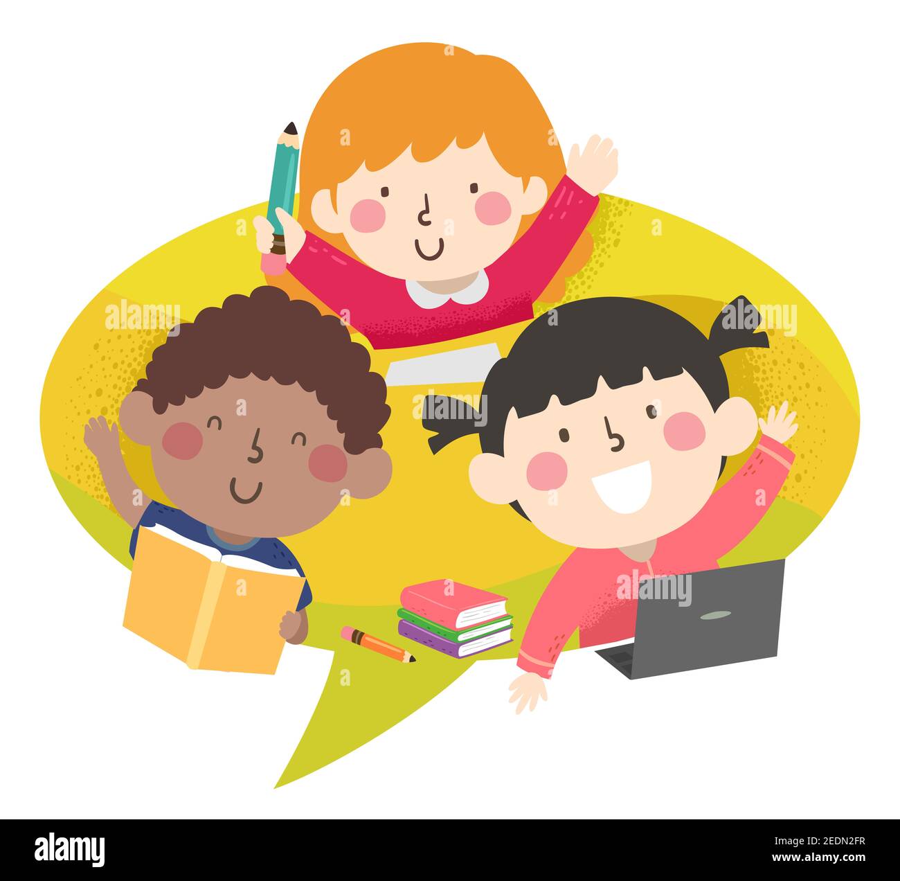 Illustration of Kids Students Waving with Books, Laptop and Pencil from ...