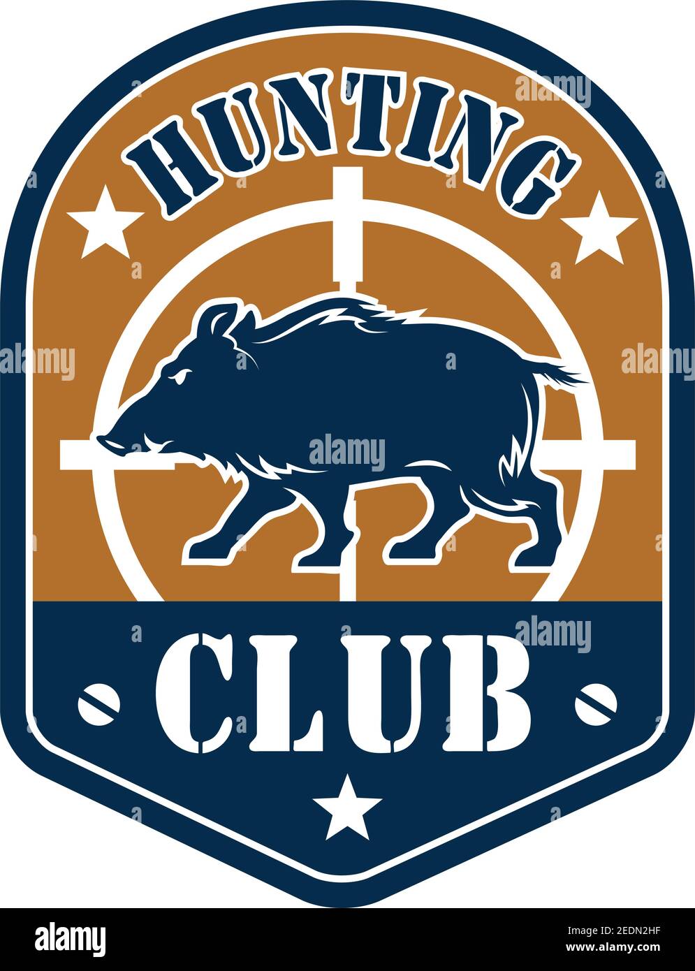 Hunting club heraldic shield badge of wild boar with rifle target ...