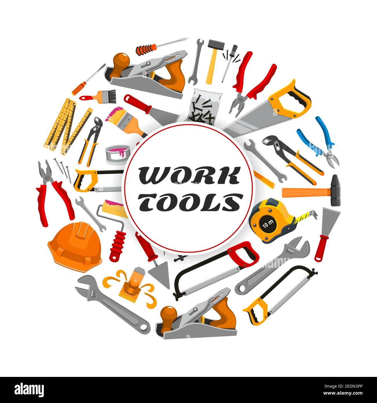 Work tools poster of vector tape measure ruler, helmet, drill, hammer ...