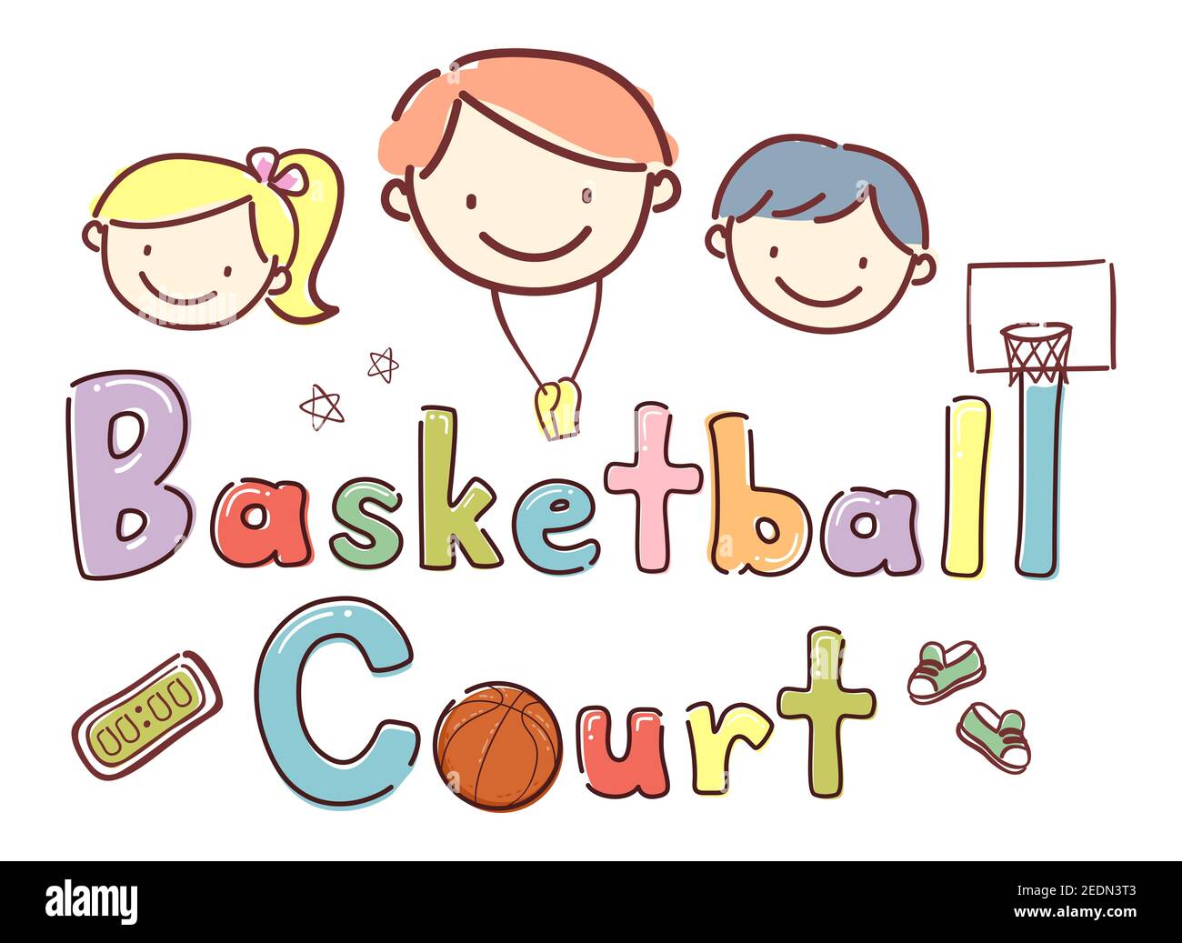Illustration of Stickman Kids with Basketball Court Lettering Stock ...