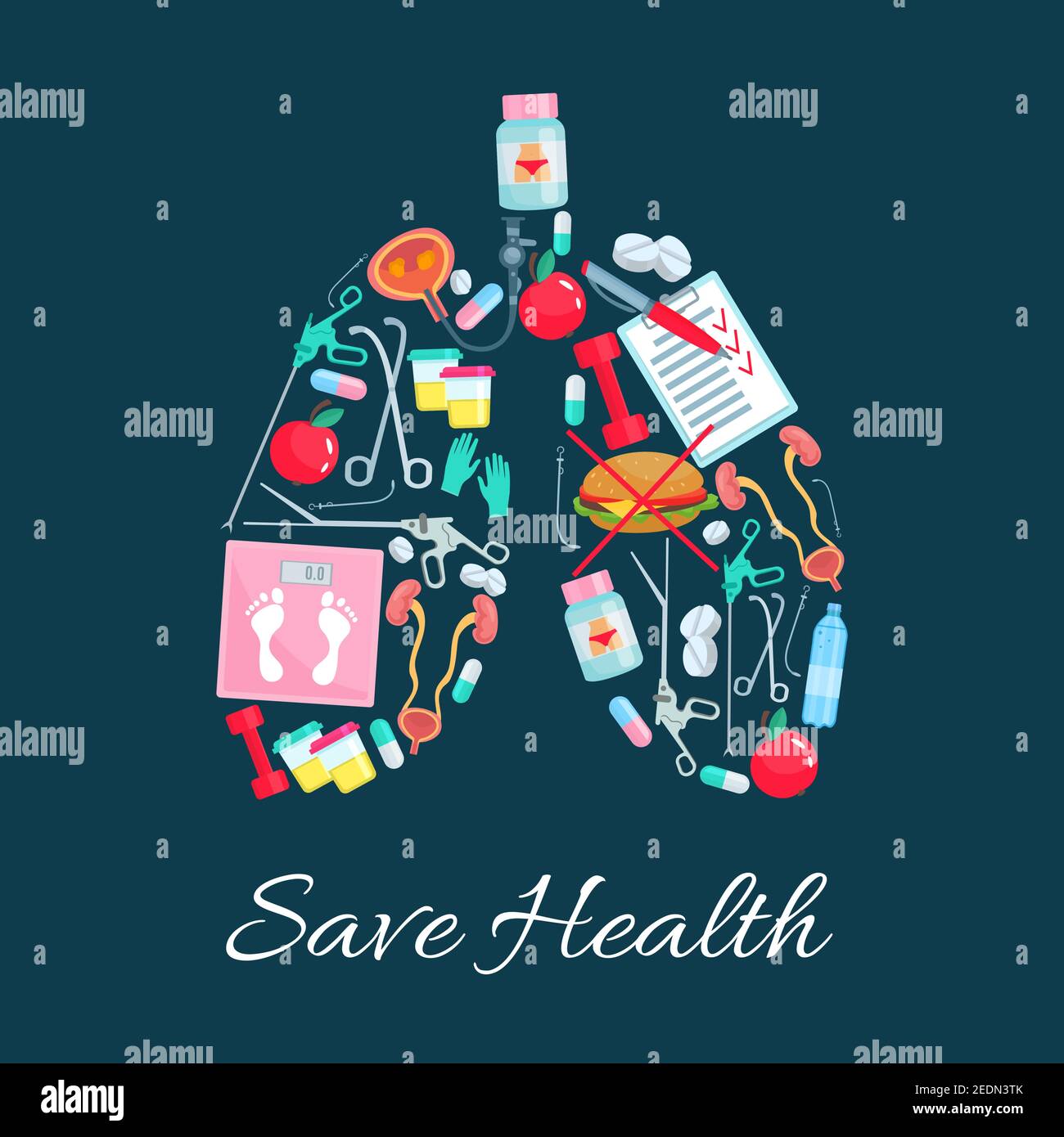 Human lungs symbol with dietetics and urology medical icons. Pill ...