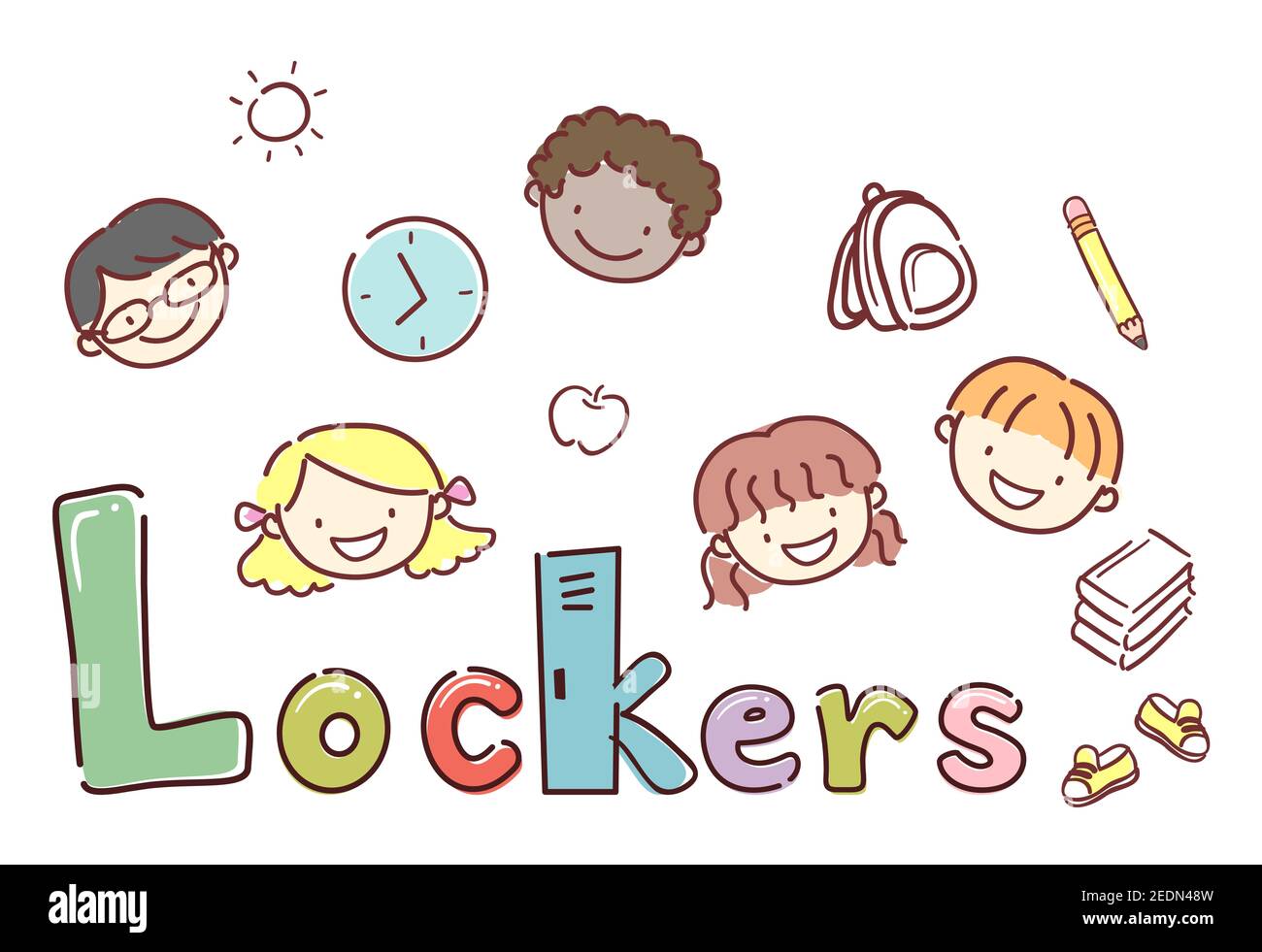Illustration of Stickman Kids and Lockers Lettering Stock Photo - Alamy