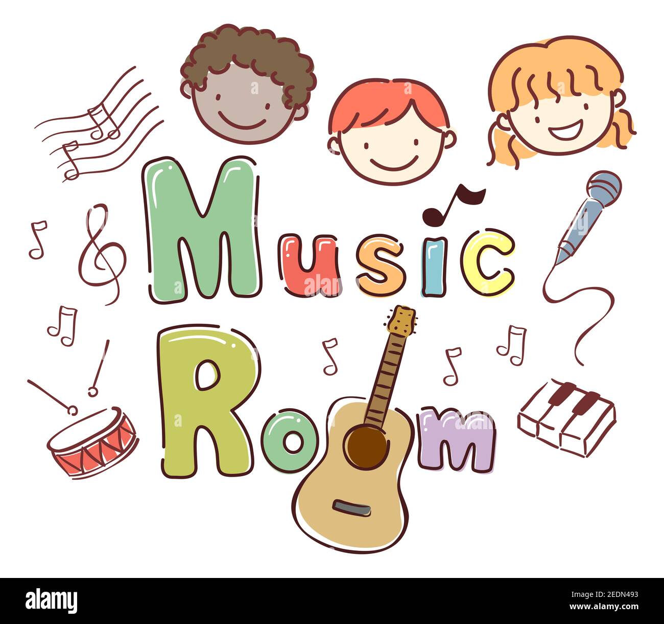 Illustration of Stickman Kids Heads Smiling with Music Room Lettering ...