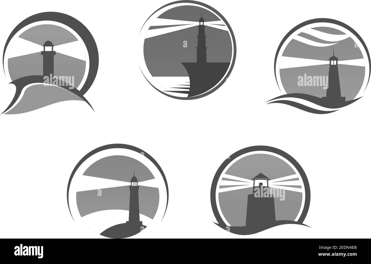 Lighthouse icons. Nautical or marine beacon on cliff rock vector ...