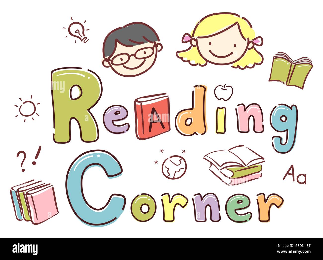 Illustration of Stickman Kids Smiling with Books and Reading Corner ...
