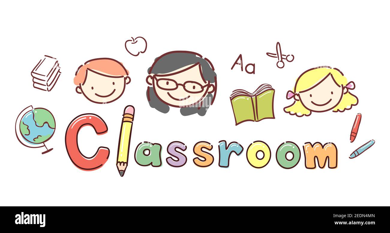 Illustration of Stickman Kids and Girl Teacher Heads with Classroom ...