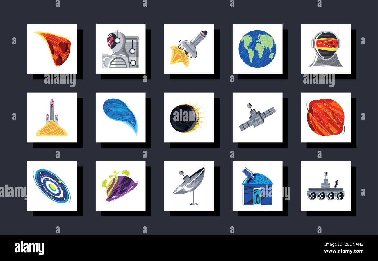 space icon collection with comet spaceship planet satellite antenna ...