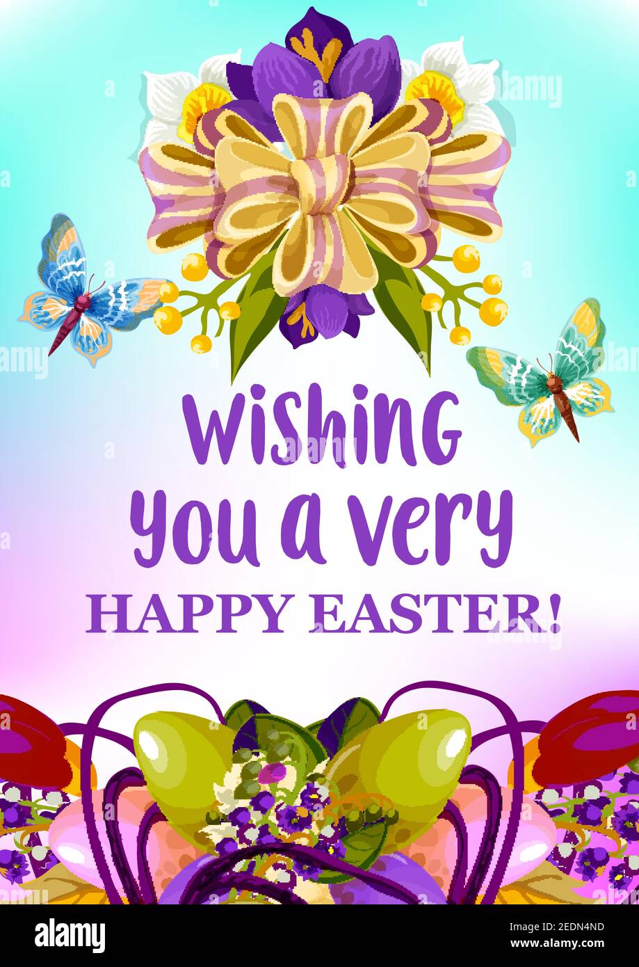 Happy Easter wishes greeting card. Coloured Easter eggs and spring ...
