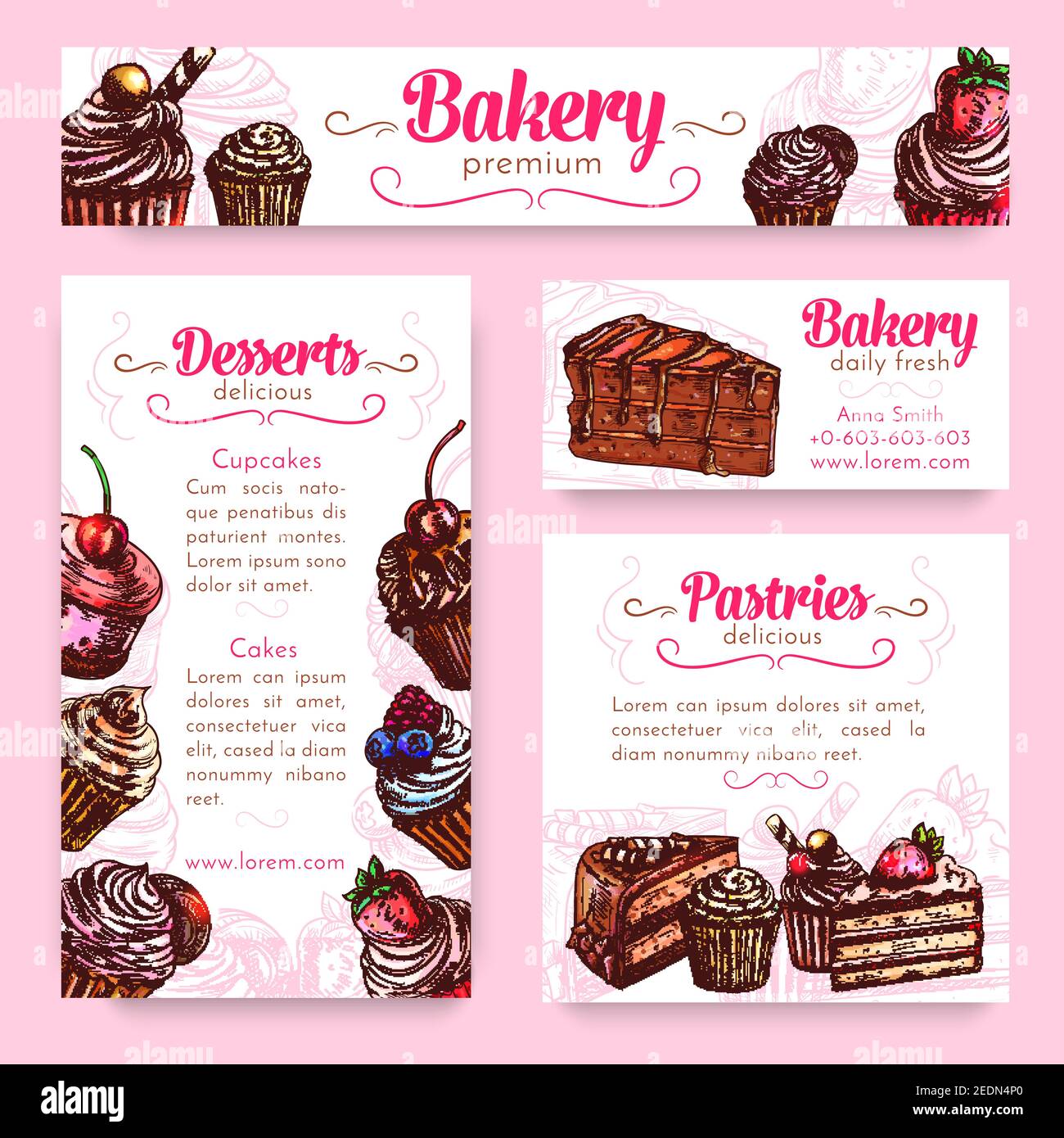 Bakery and pastry desserts banner template set. Cake and cupcake with ...