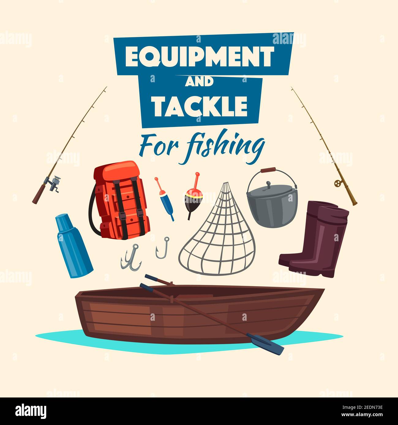 Fishing and fisherman tackle equipment set vector icons of rod, paddle ...