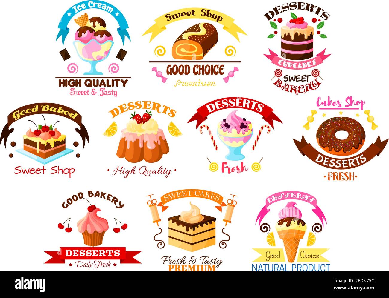 Cakes, desserts and sweets vector icons of cupcake tart and donut, roll ...