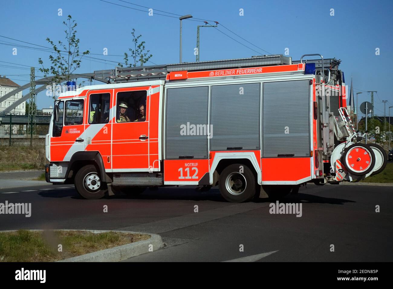 22.04.2020, Berlin, , Germany - Fire engine of the Berlin fire brigade ...