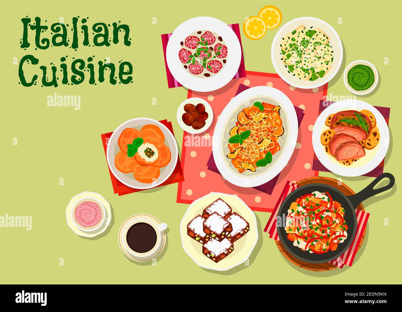 Italian cuisine lunch menu icon with tomato eggplant pasta, beef pasta ...