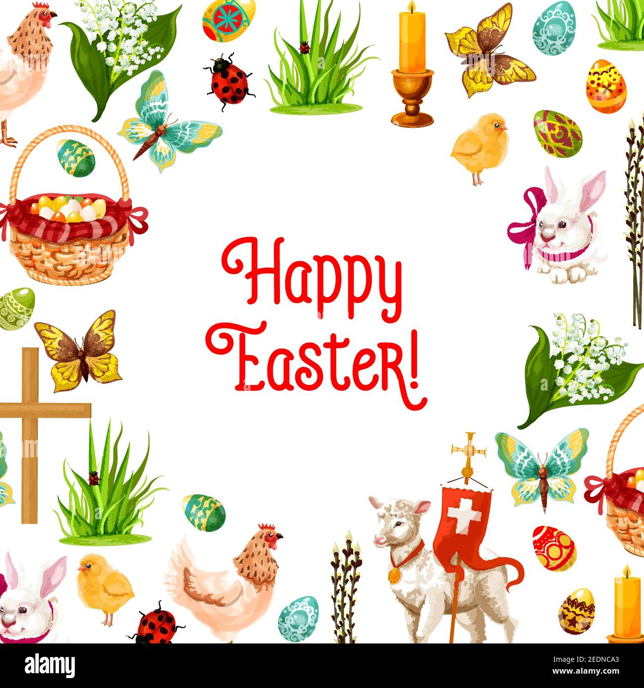 Easter holiday symbols cartoon poster. Easter egg, rabbit bunny with ...