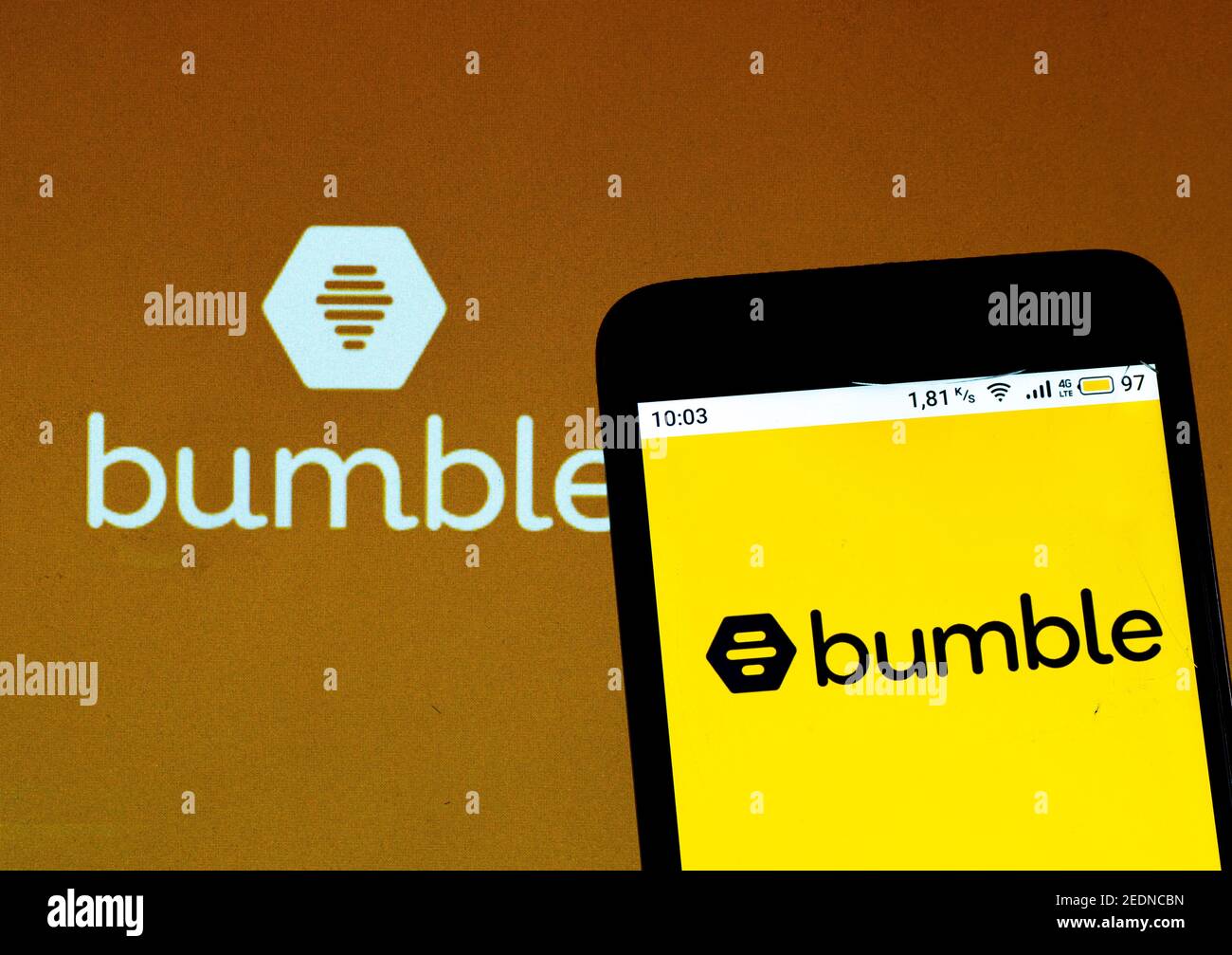 In this photo illustration a Bumble logo is seen displayed on a ...