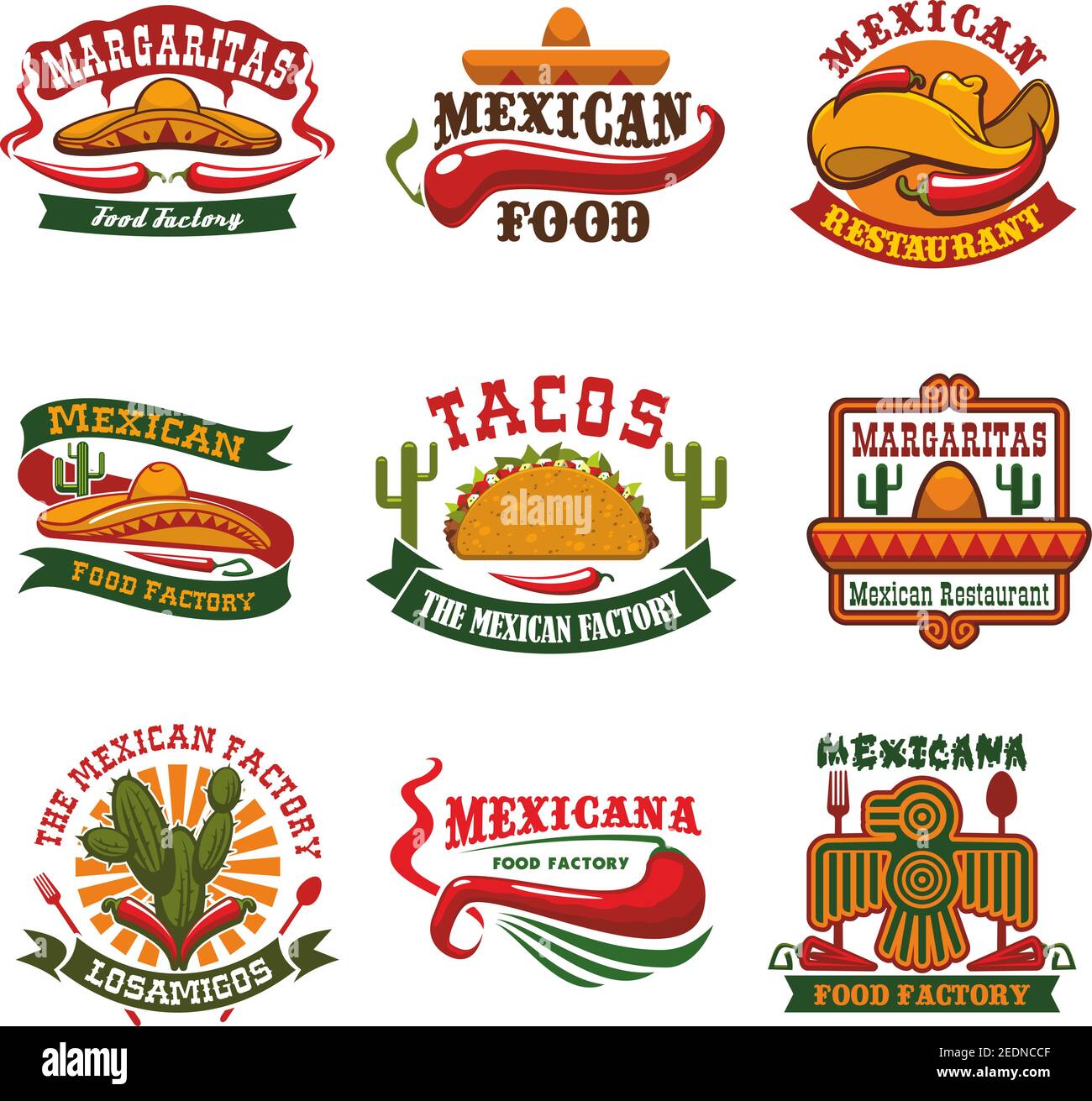 Mexican cuisine restaurant and fast food cafe emblem set. Taco with ...