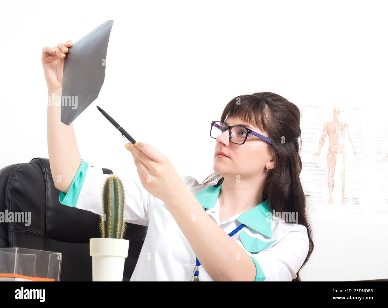 Female doctor pulmonologist deciphers x-ray picture of lungs with ...