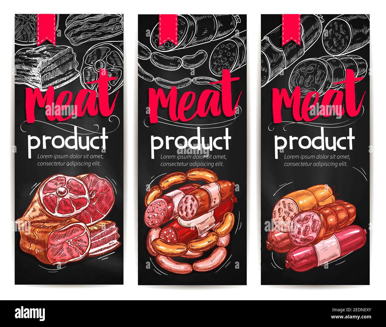 Meat products chalkboard banner template. Beef and pork meat sausages ...