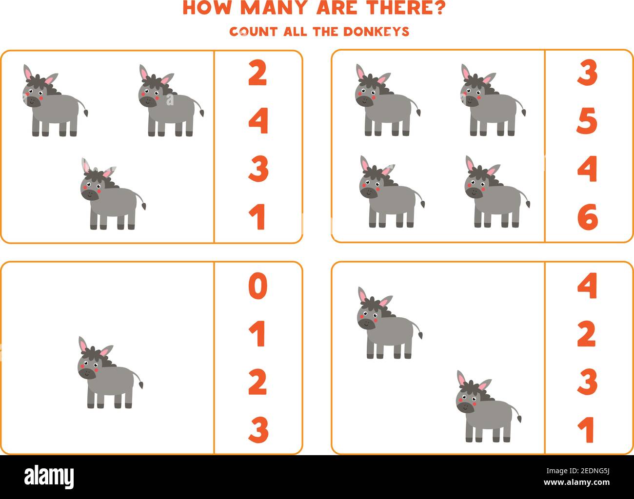 Count all farm donkeys and circle the correct answers. Math game for ...
