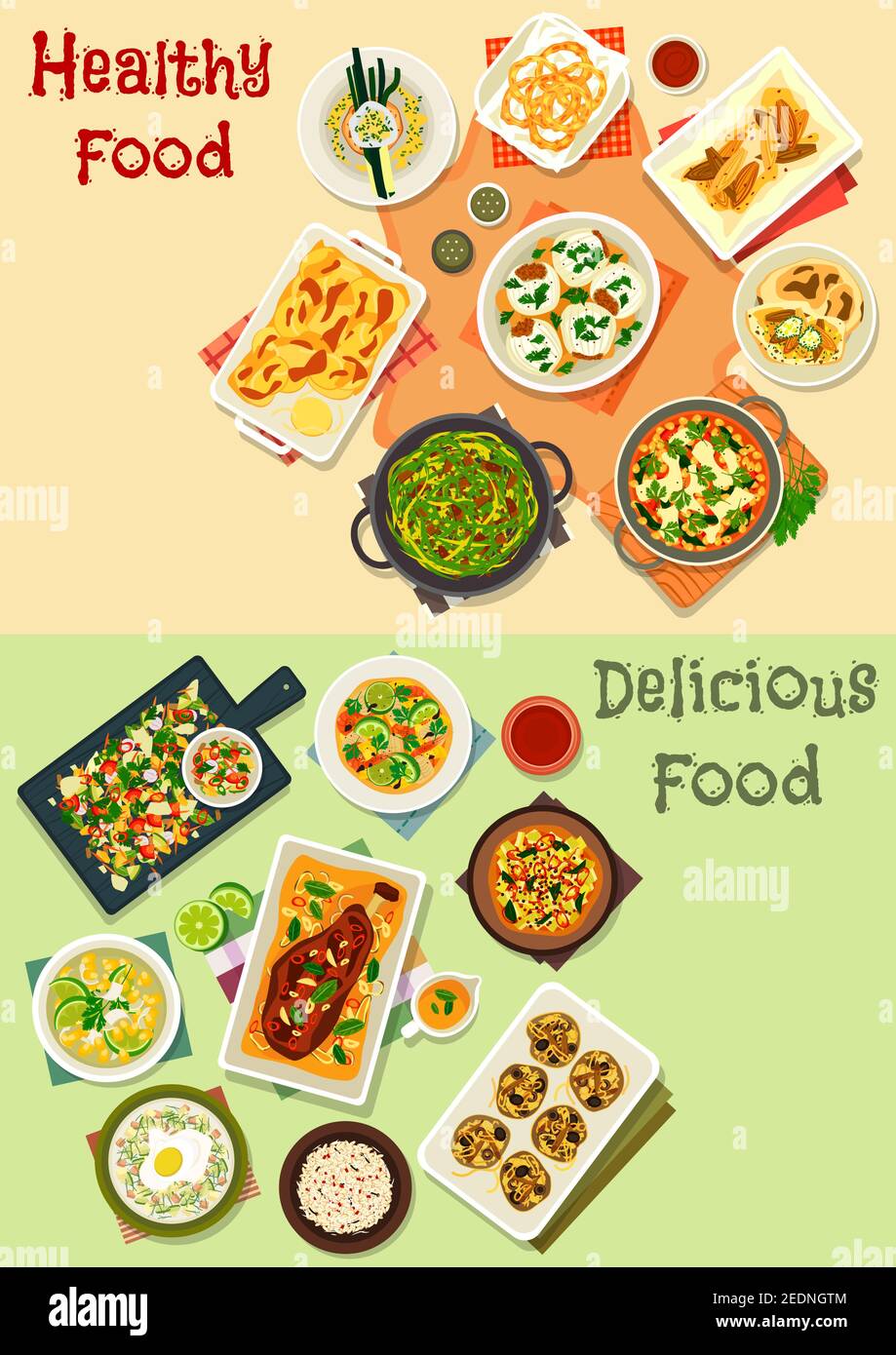 Indian cuisine icon set with seafood and chickpea curry, rice ...