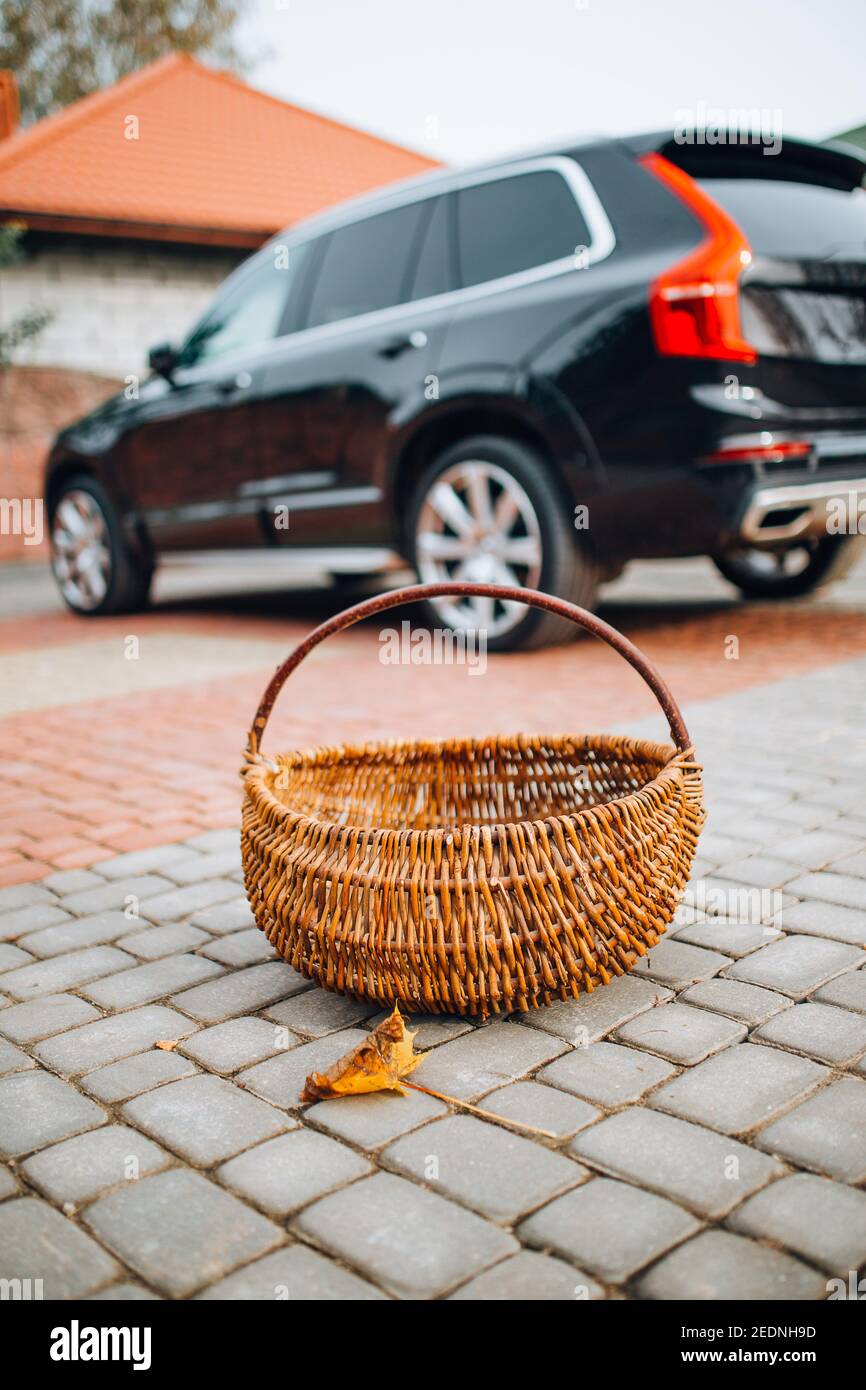 Car on paving slabs - a durable road surface for the courtyard Stock ...