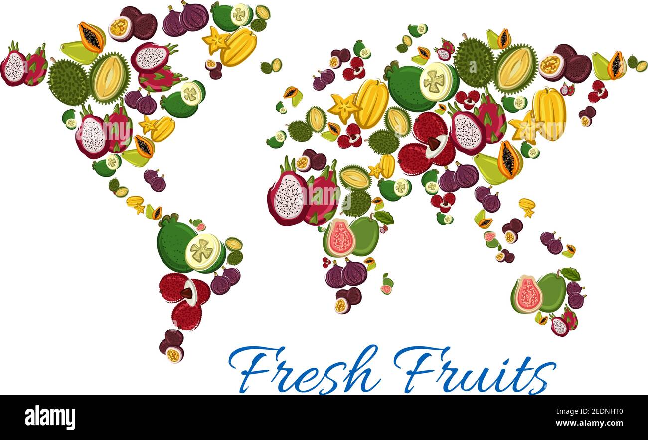 Exotic fruits world map. Vector juicy papaya and guava, maracuya and ...