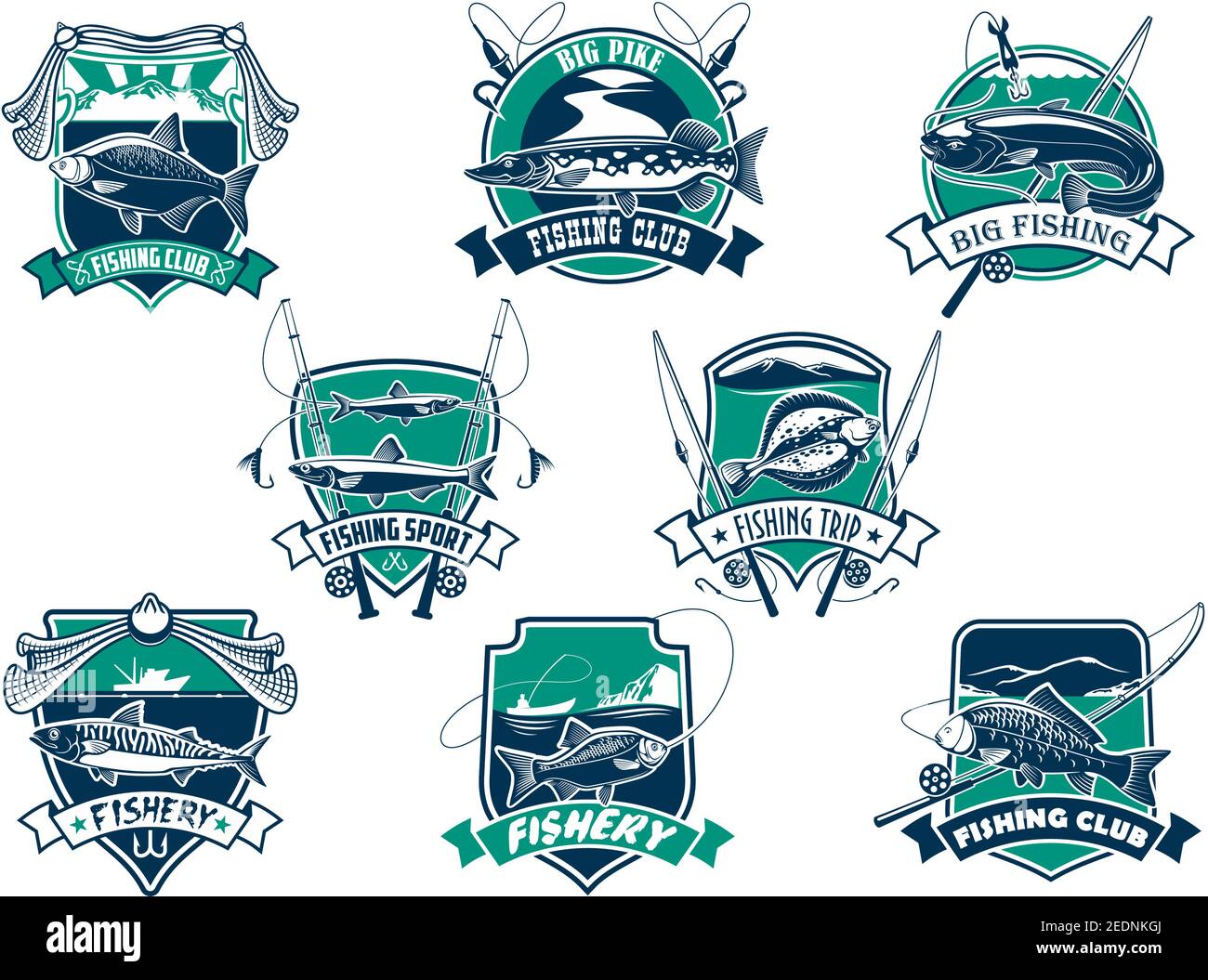 Fishing sport club, fishing trip and fishery emblem set. Salmon, pike ...