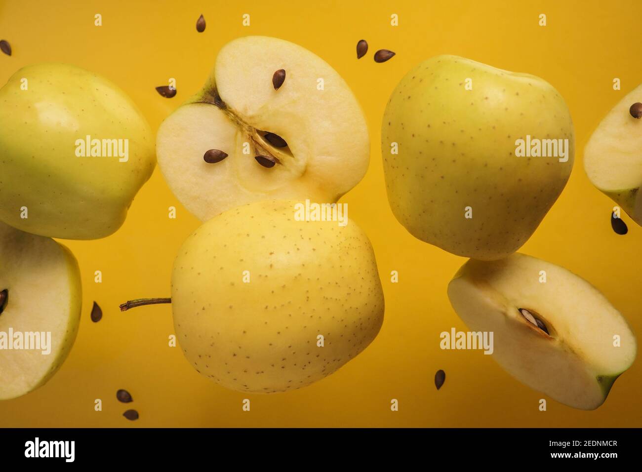 Flying fruits creative concept. Horizontal levitation of apples on ...