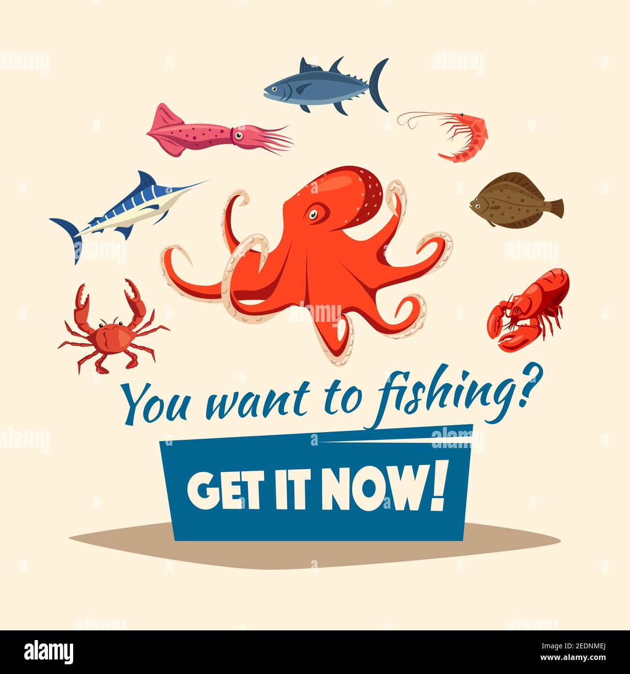 Fishing vector poster of fishes and marine seafood mollusks octopus and ...