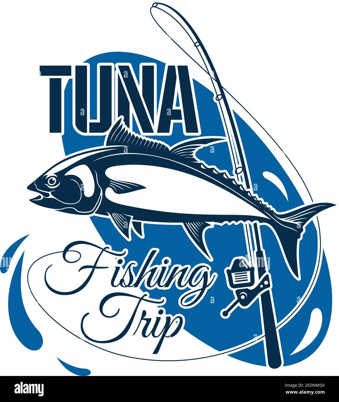Tuna fishing trip symbol. Atlantic bluefin tuna fish on fishing rod ...